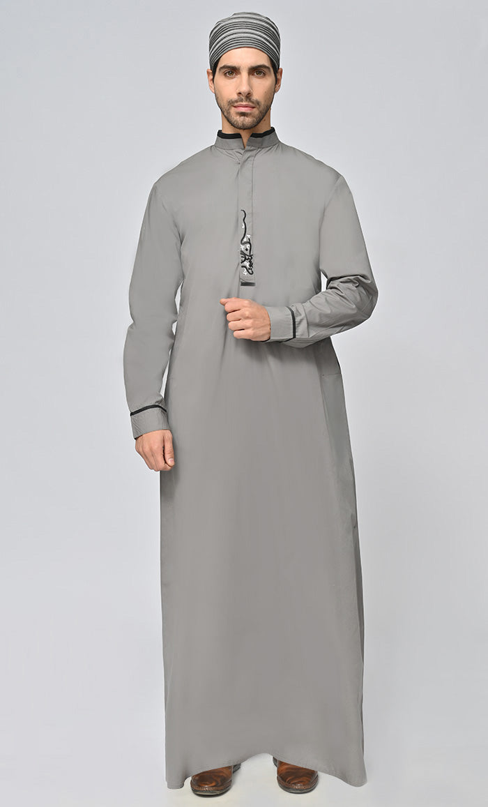Buy Mens Islamic Embroidered Thobe/Jubba With Pockets And Kufi-Grey