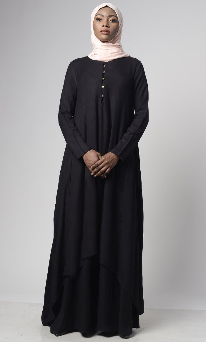 Black Asymmetrical double layered modest wear muslimah abaya dress