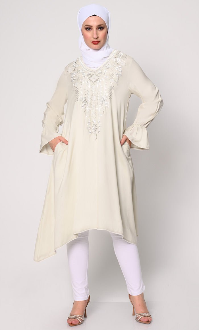Embroidered Ivory Tunic with Asymmetrical Hem - Final Sale