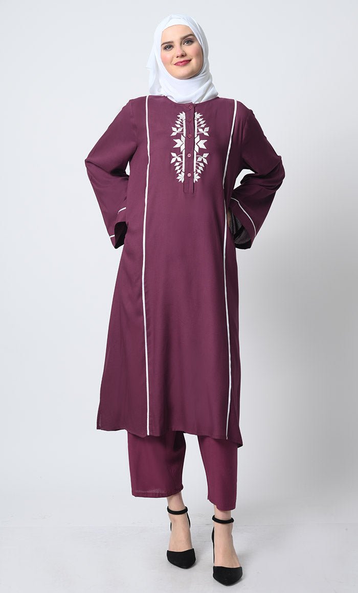 Embroidered Rayon Outfit – Piping Details, Round Neck