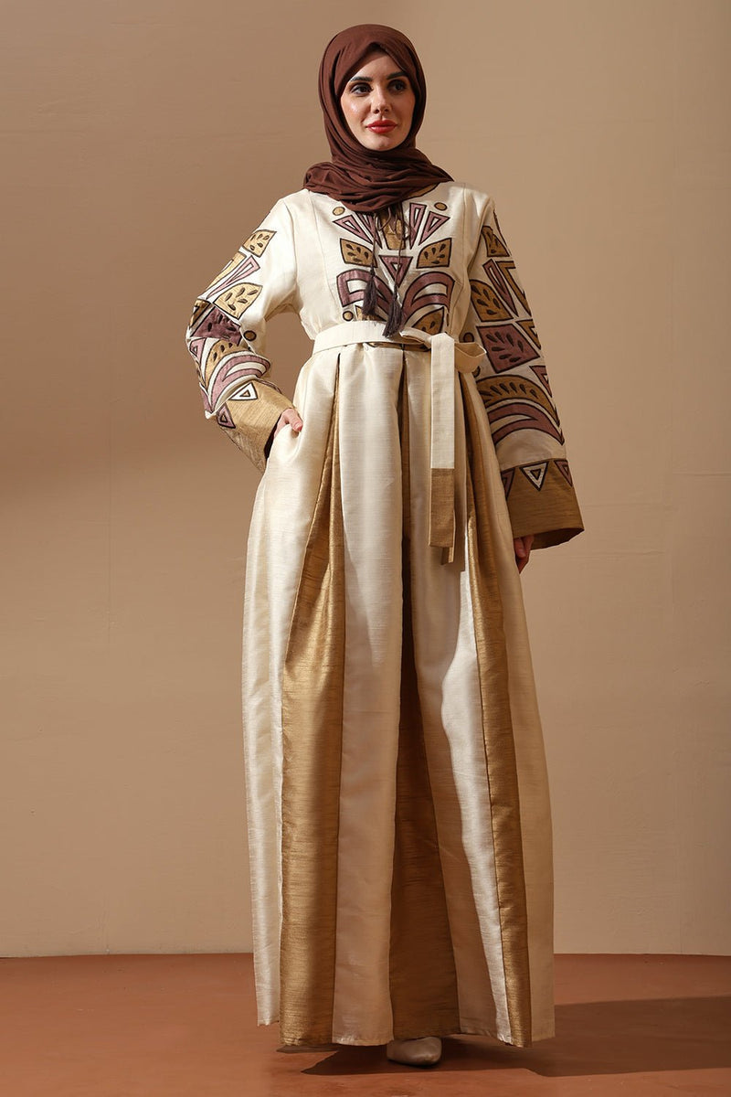 Regal Embroidered Silk Pleated Abaya in Ivory & Gold with Tribal Motif