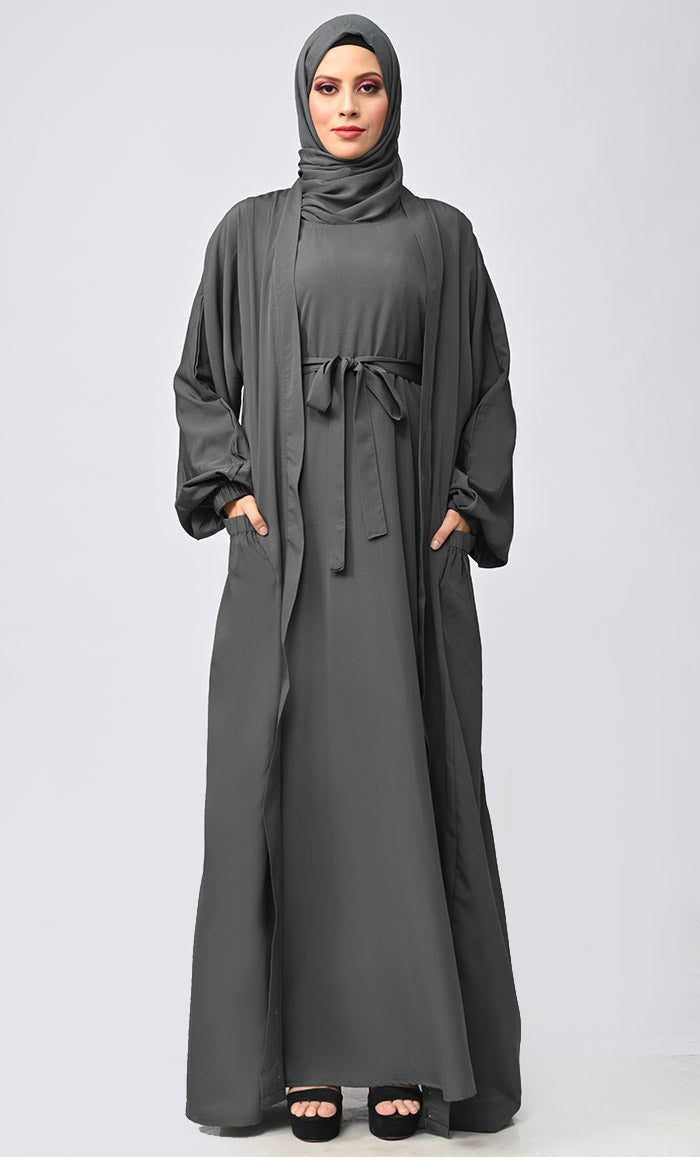 Grey Arabian Modest Abaya Shrug/Bisht Style With Inner And Belt