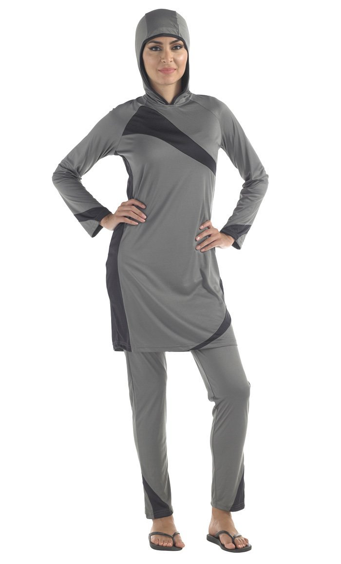 Grey Contrasting color panel swimwear Burkini two piece set ...