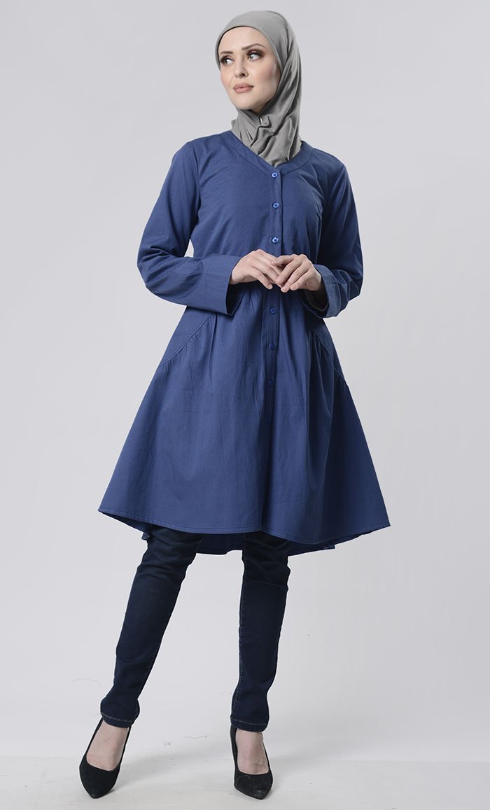 Front Button Down Basic Tunic-Navy