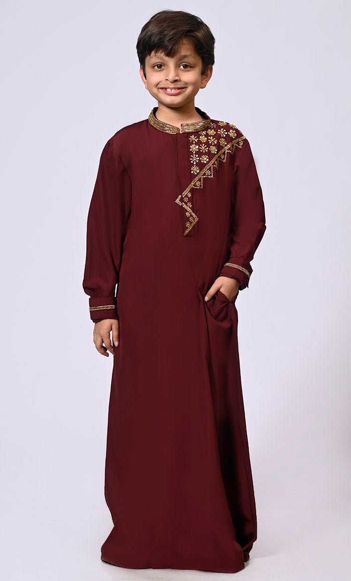 Handcrafted Elegance: Traditional Boy's Maroon Thobe with Intricate De
