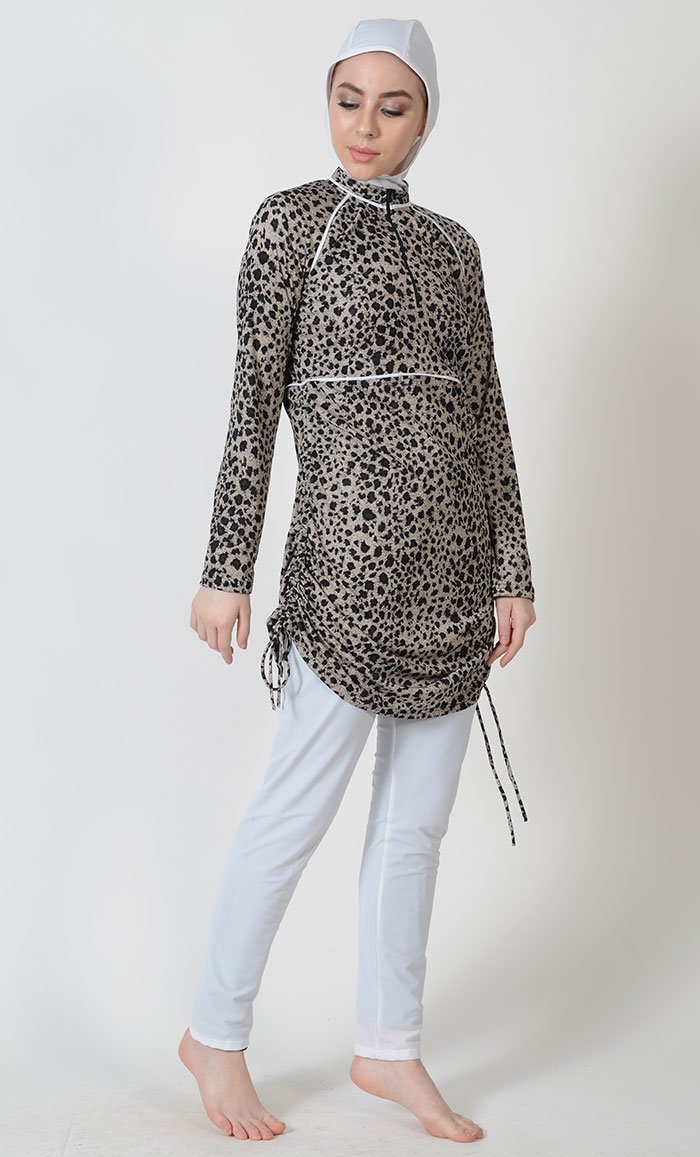 Leopard Print Half-Zip Swimwear Burkini