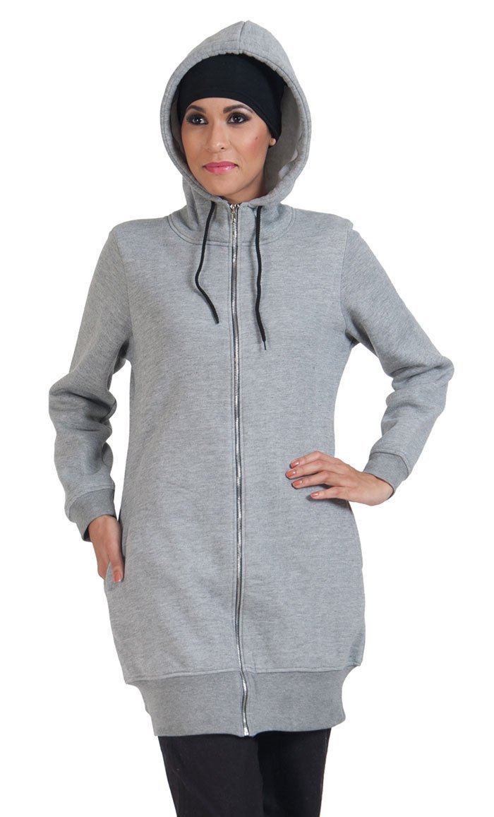 Grey Zipper Front Extra Long Length Hoodie Sweatshirt